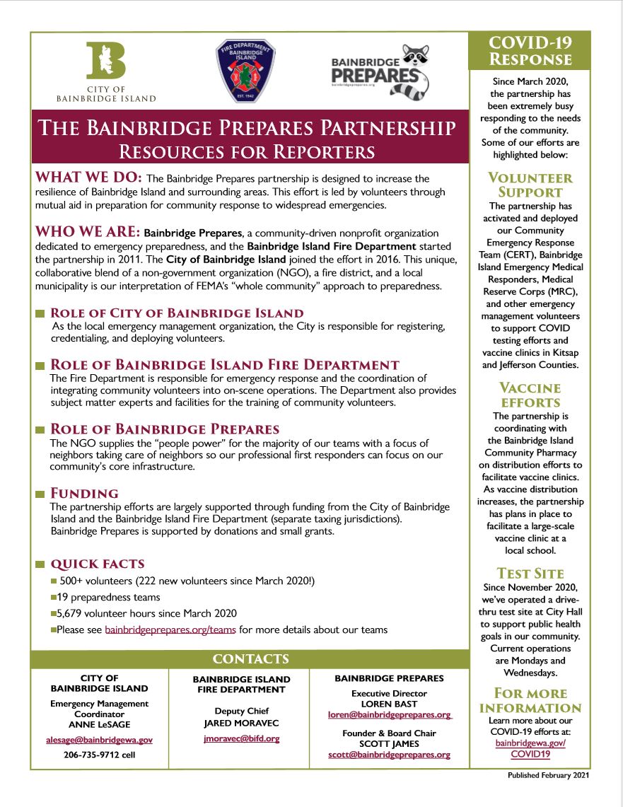 Partnership Fact Sheet for Journalists Bainbridge Island Fire Department